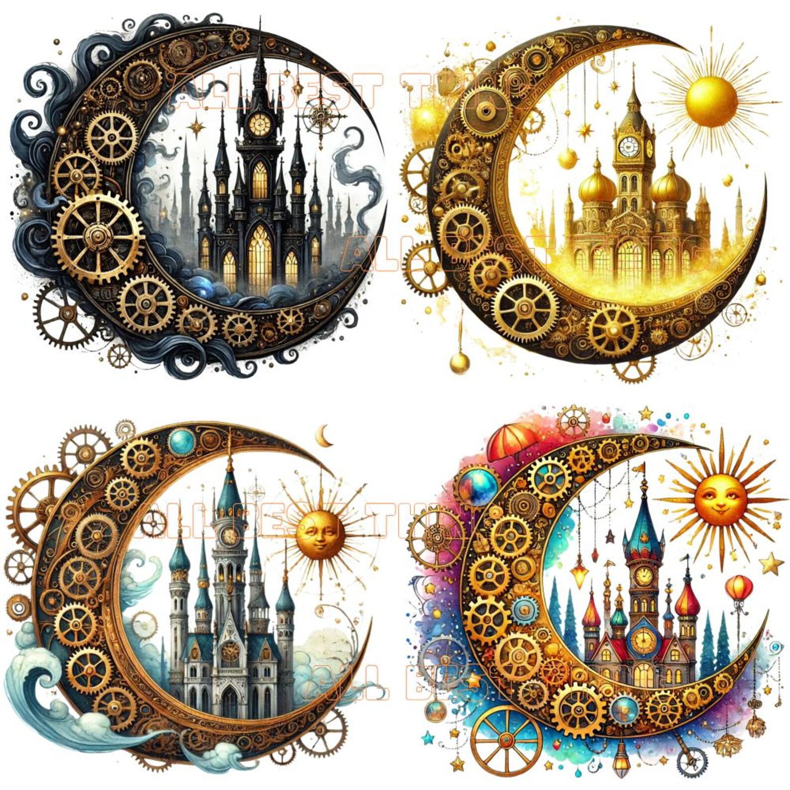 28 Watercolor Steampunk PNG Clipart Sky Steampunk Celestial Clipart ...