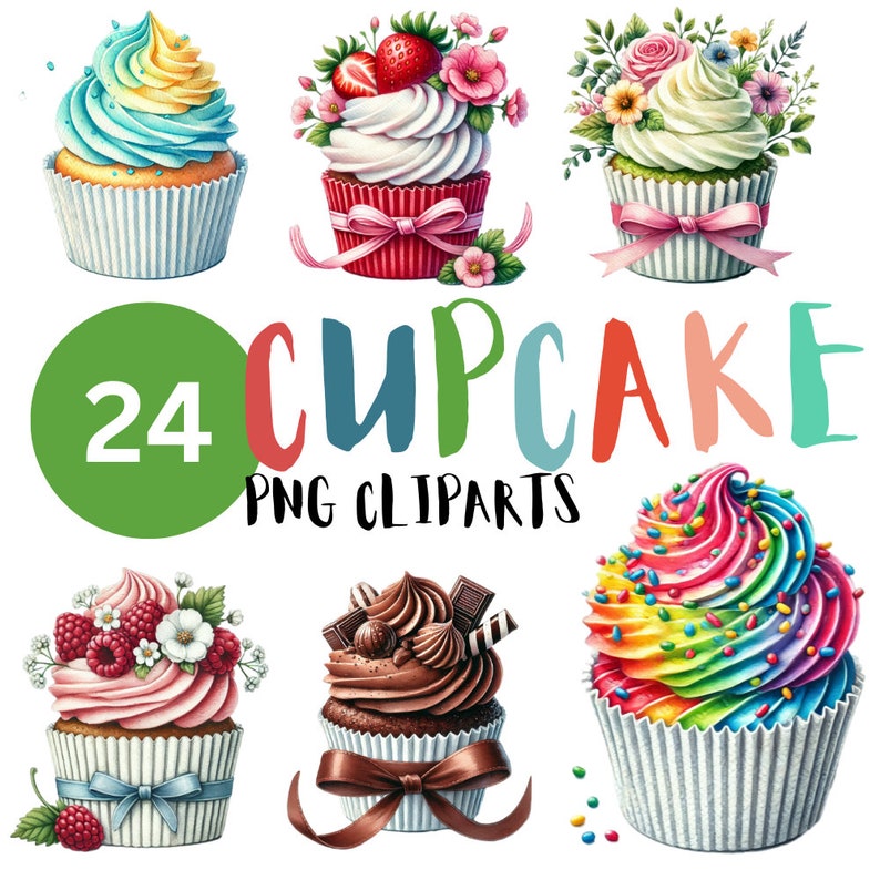 24 Watercolor Cupcakes PNG Clipart, Cupcake Clip Art, Watercolor ...