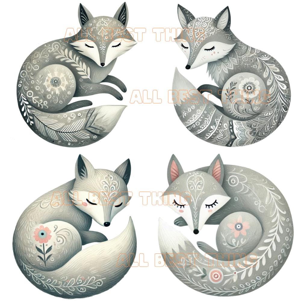28 Folk Art Fox PNG Clipart, Floral Fox Clipart Set, Watercolor Animal ...