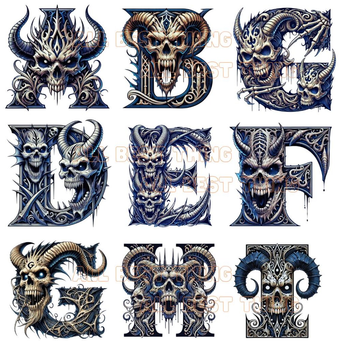 Gothic Skull Alphabet Clipart: Satanic A-Z PNG Set (commercial Use ...