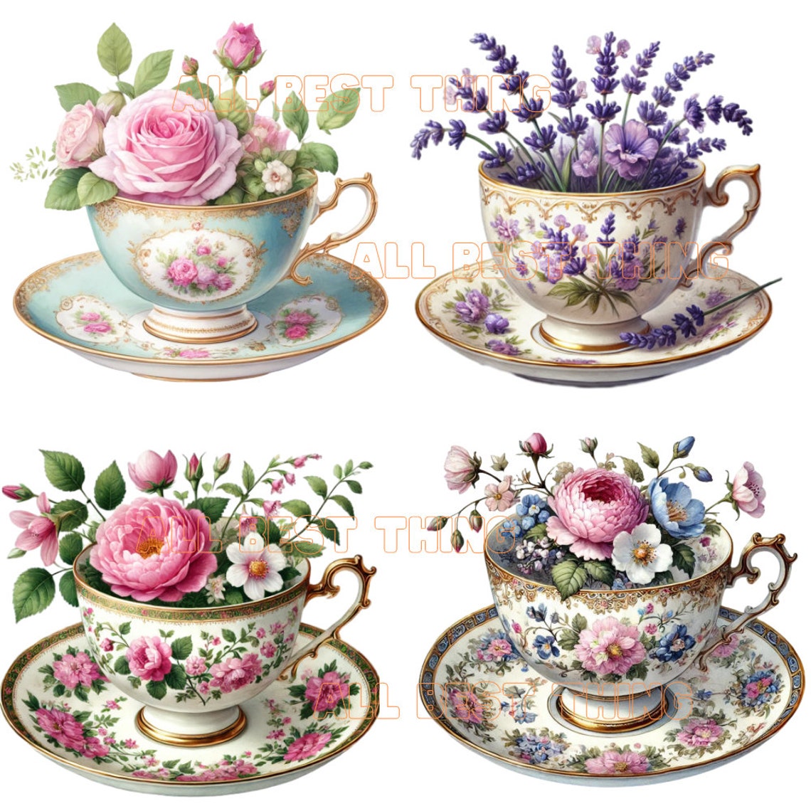 24 Floral Tea Cup PNG Clipart, Floral Tea Set, Printable Watercolor ...