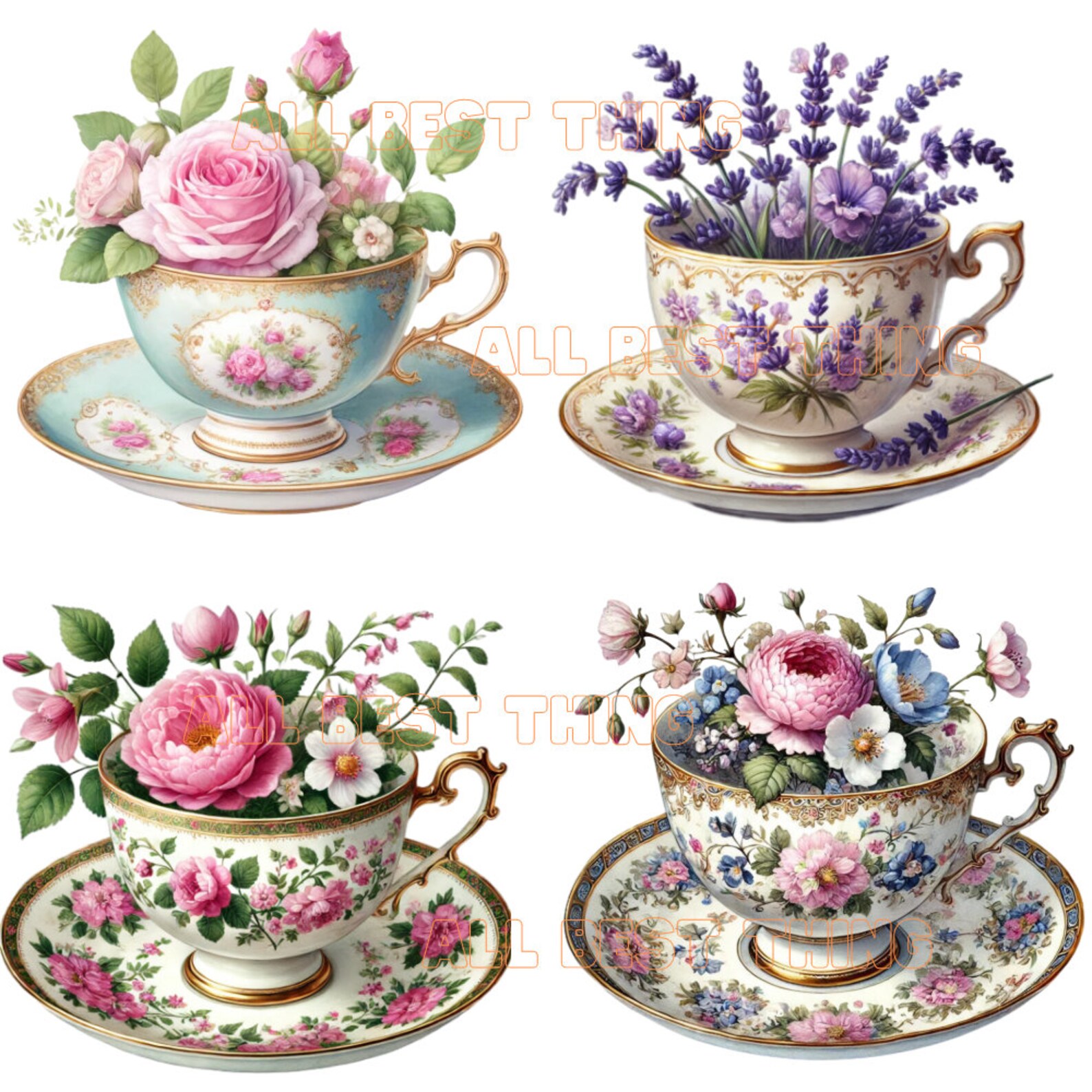 24 Floral Tea Cup PNG Clipart, Floral Tea Set, Printable Watercolor ...