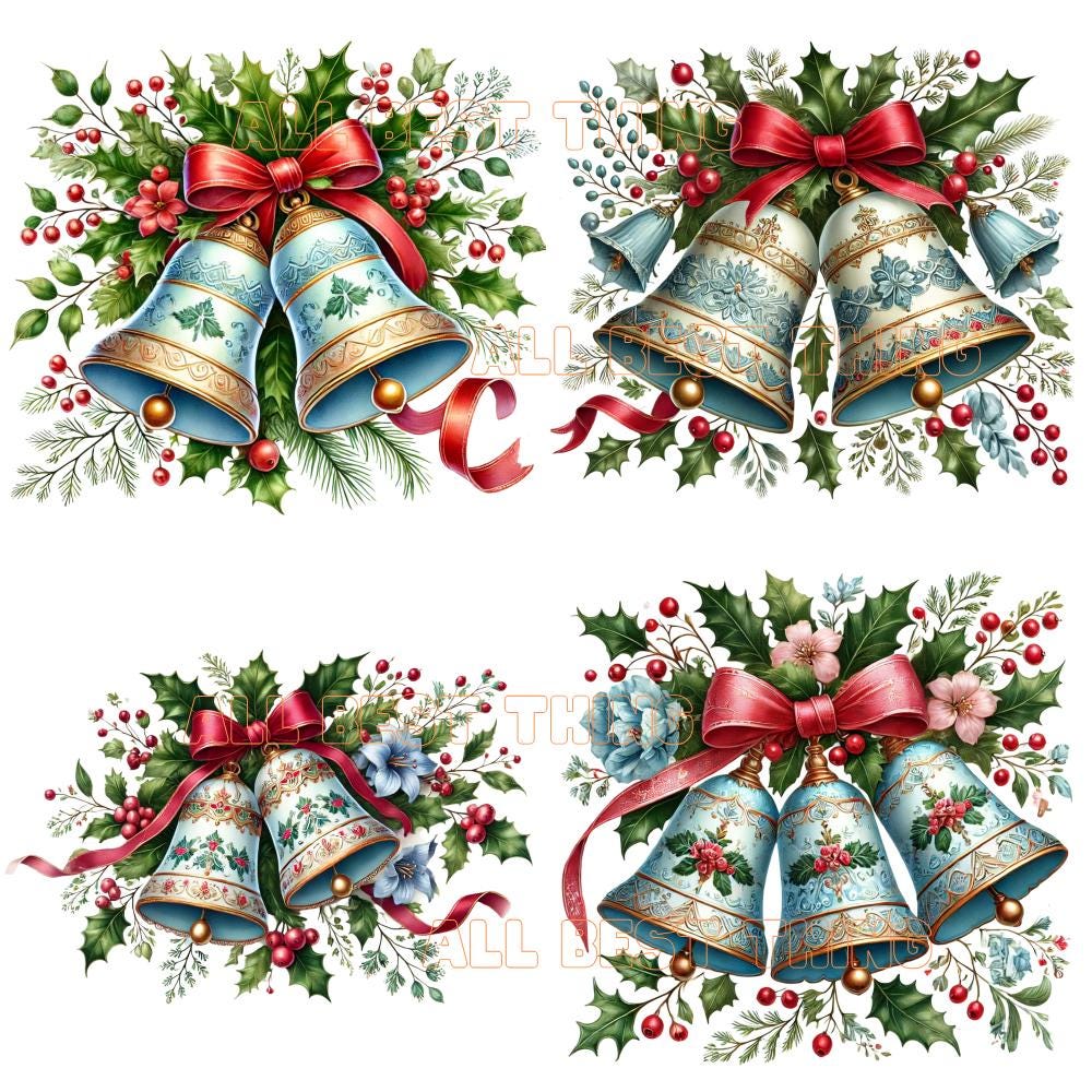 Watercolor Christmas Bell Clipart: Festive Holiday PNG (digital ...