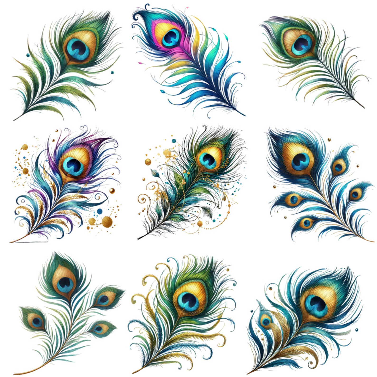 54 Watercolor Peacock Feather Clipart PNG Bundle, Digital Download ...