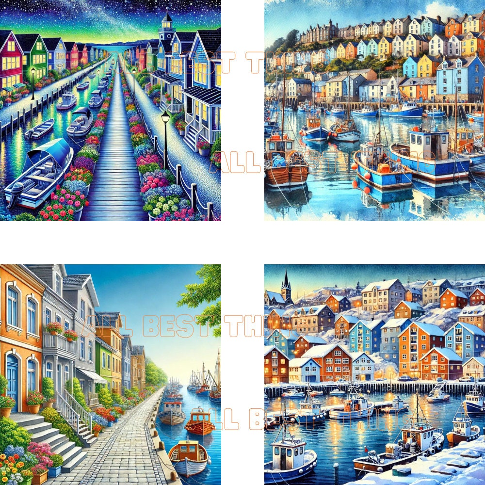 24 Watercolor Harbour Scenes PNG Clipart - Digital Print, Watercolor ...