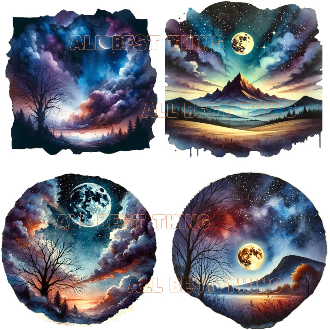 24 Night Sky Watercolor PNG Clipart, Stars Moon Style, Magical Clipart ...