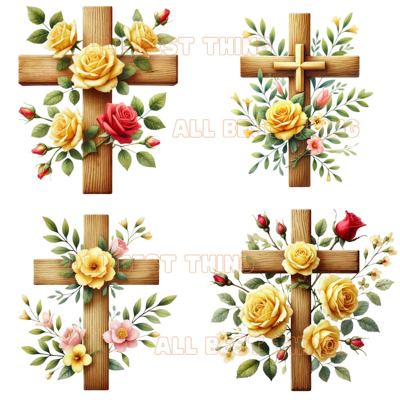 28 Flower Cross Watercolor, Rose Cross Watercolor, Pastel Clipart Cross ...