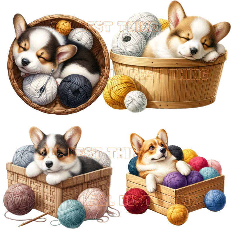 36 Corgi in a Wool Basket Watercolor PNG Clipart Clipart Bundle , Corgi ...