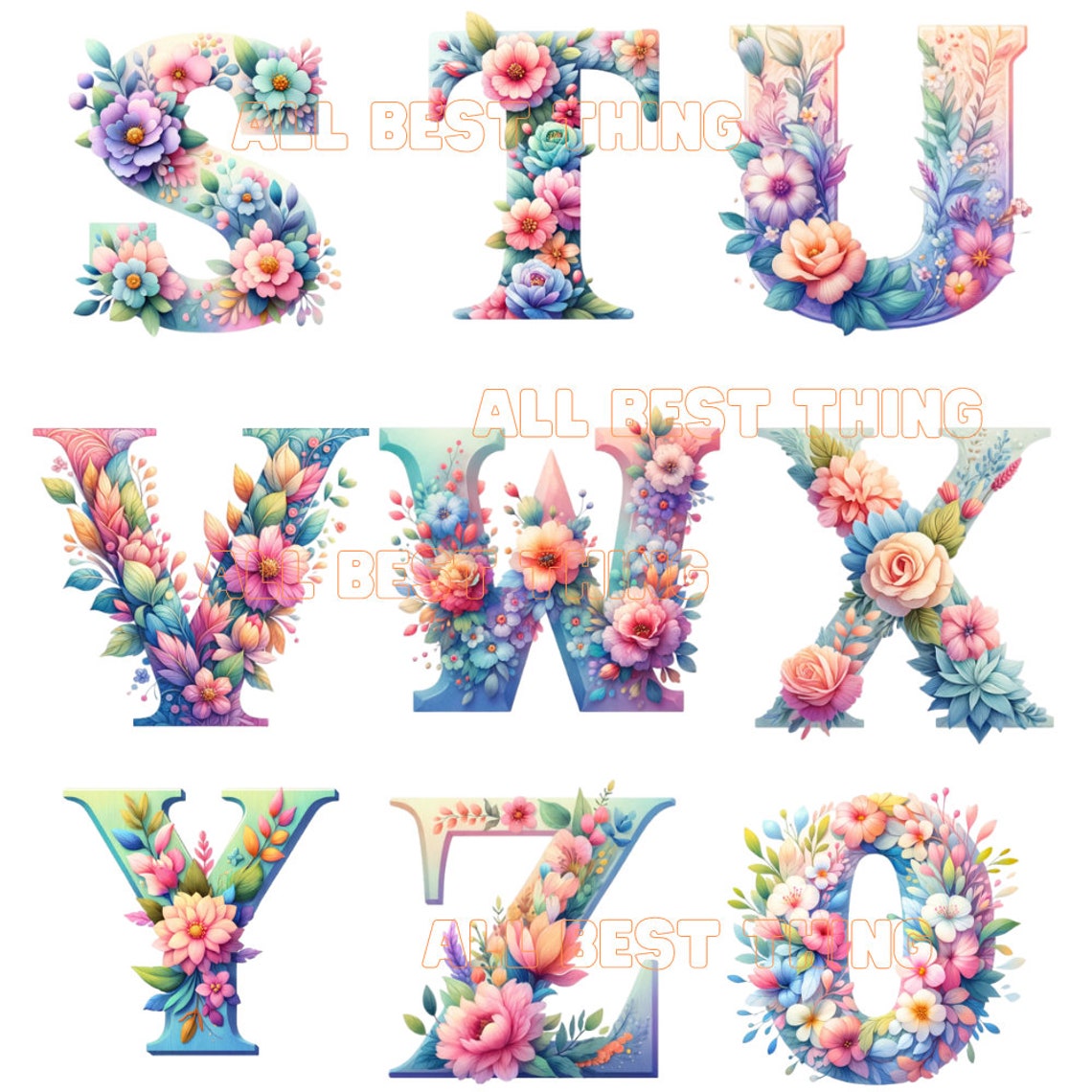 Watercolor Floral Alphabet Number Clipart , Floral Alphabet ...