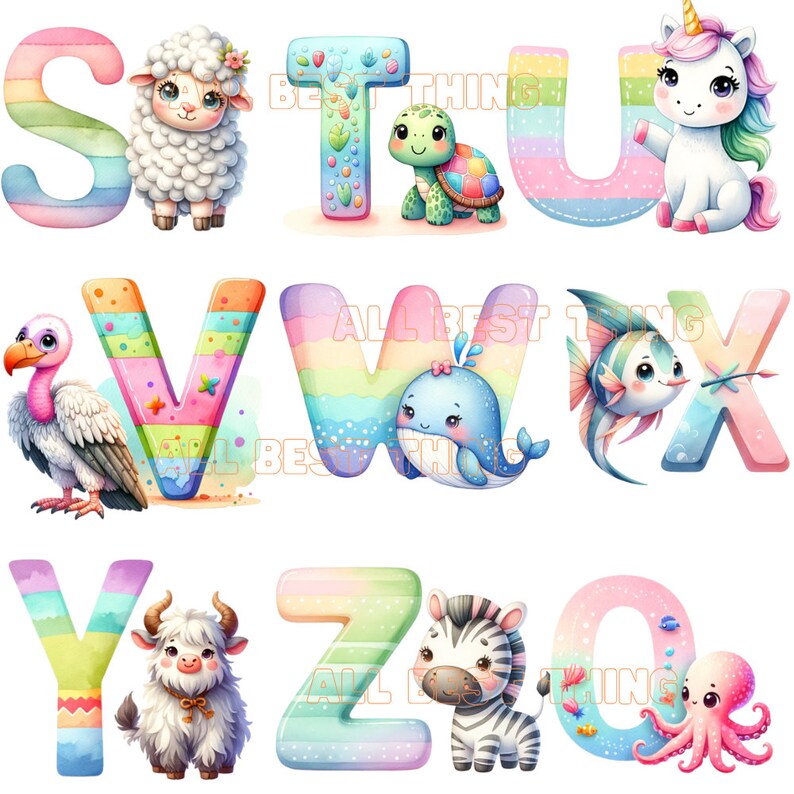 Watercolor Cute Animal Alphabet Collection Clipart, PNG Nursery Clipart ...