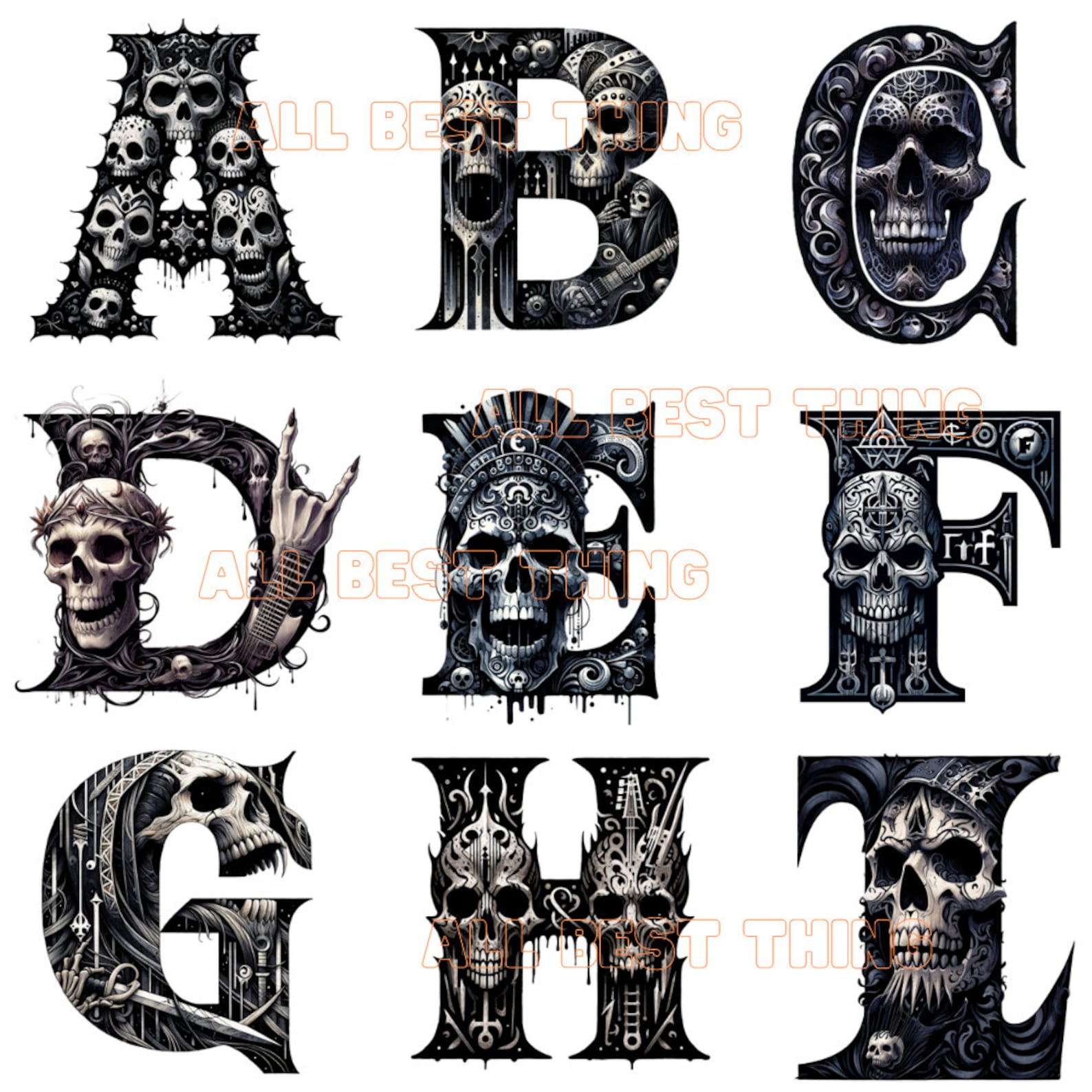 Black Skull Gothic Alphabet Collection Clipart, PNG Skull Clipart ...