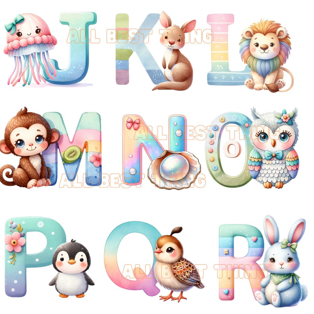Watercolor Cute Animal Alphabet Collection Clipart, PNG Nursery Clipart ...
