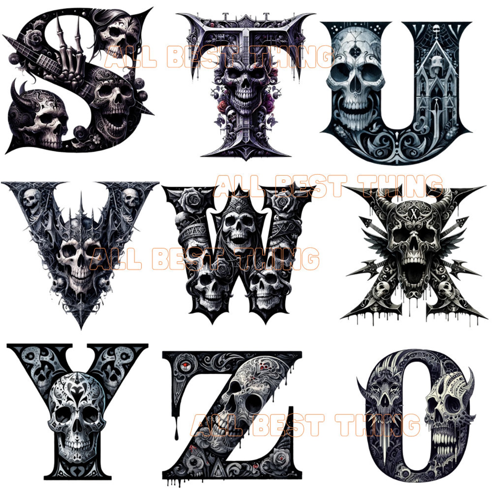 Black Skull Gothic Alphabet Collection Clipart, PNG Skull Clipart ...