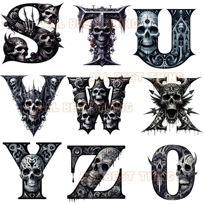 Black Skull Gothic Alphabet Collection Clipart, PNG Skull Clipart ...