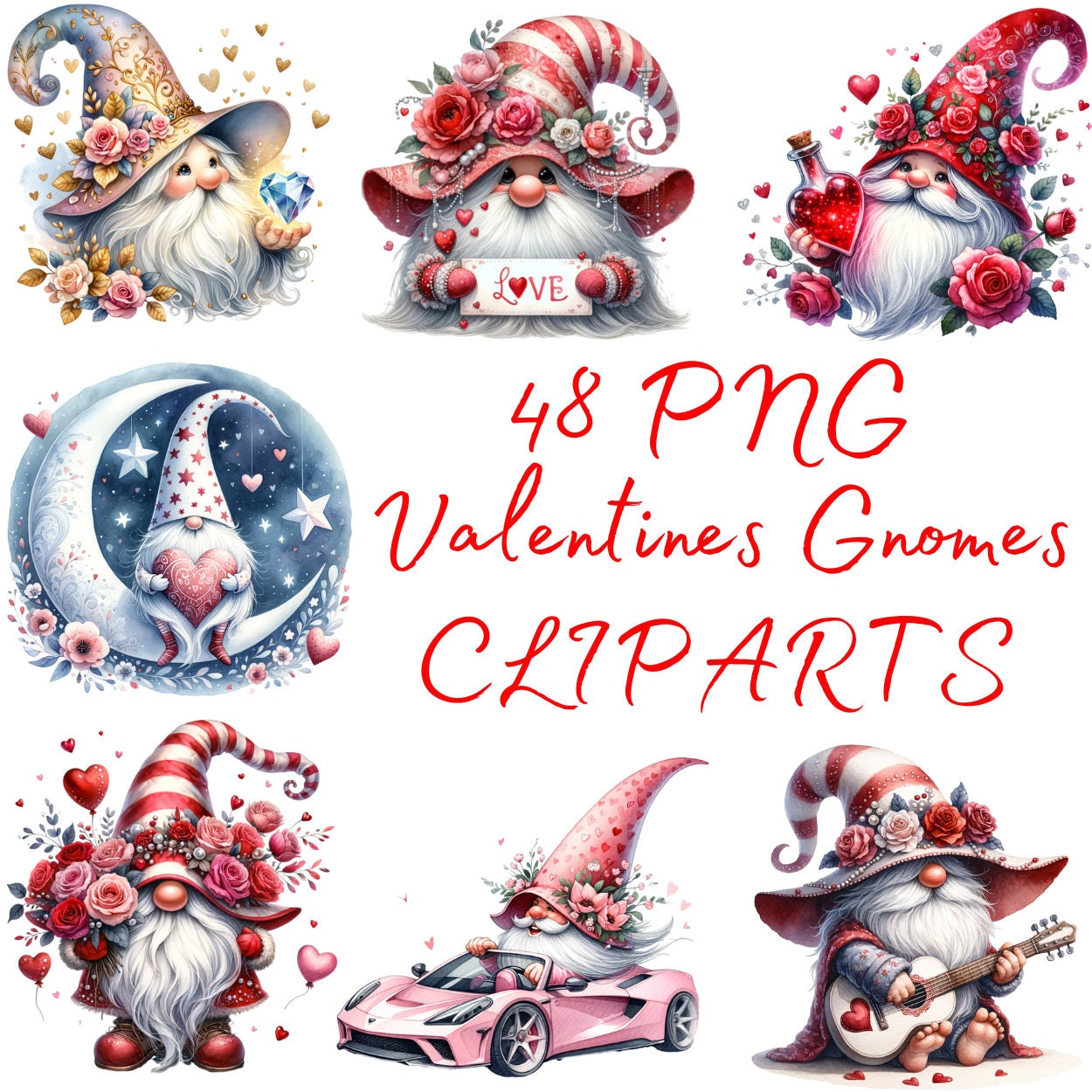 Valentines Gnomes Clipart Bundle, Watercolor PNG Gnomes Clipart ...