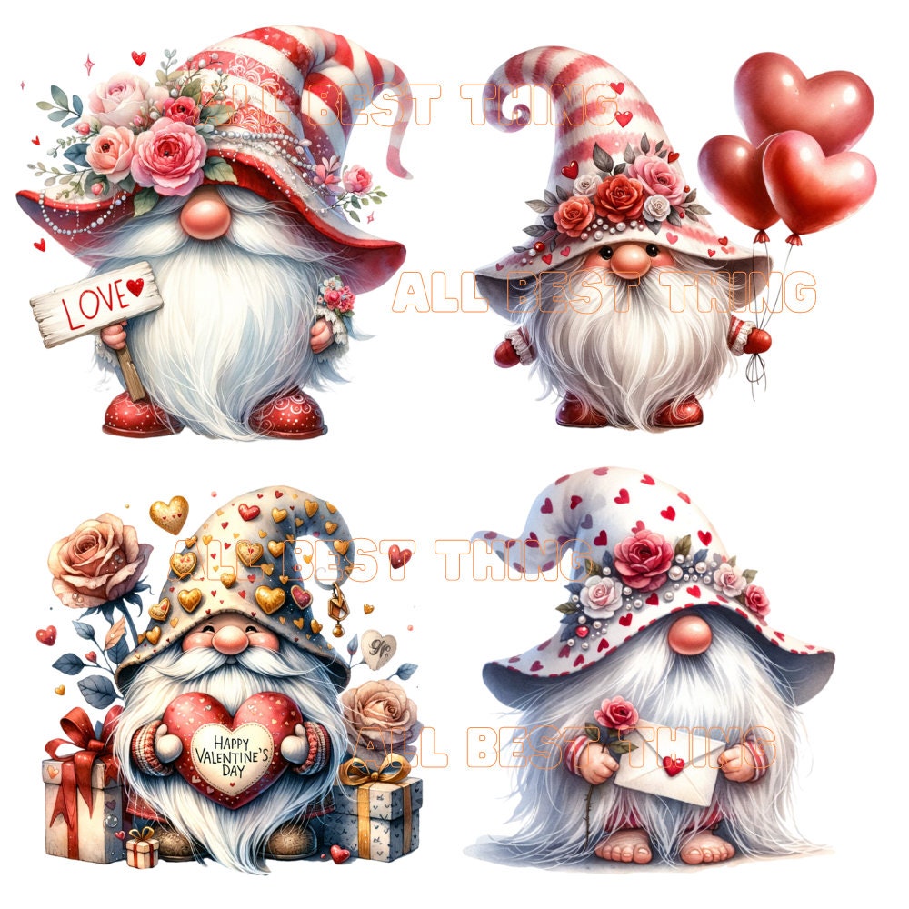 Valentines Gnomes Clipart Bundle, Watercolor PNG Gnomes Clipart ...