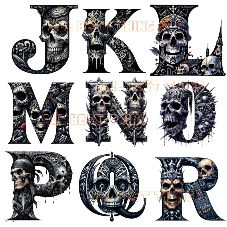 Black Skull Gothic Alphabet Collection Clipart, PNG Skull Clipart ...
