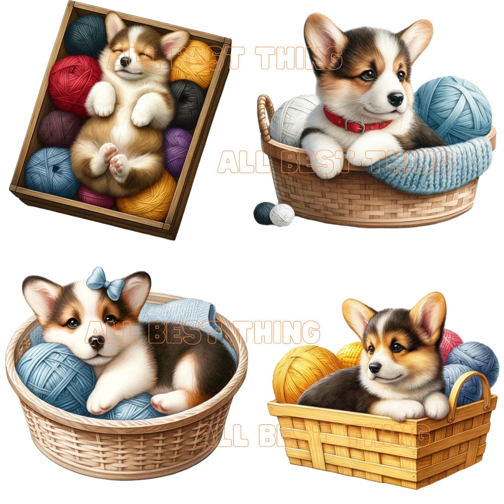 36 Corgi in a Wool Basket Watercolor PNG Clipart Clipart Bundle , Corgi ...