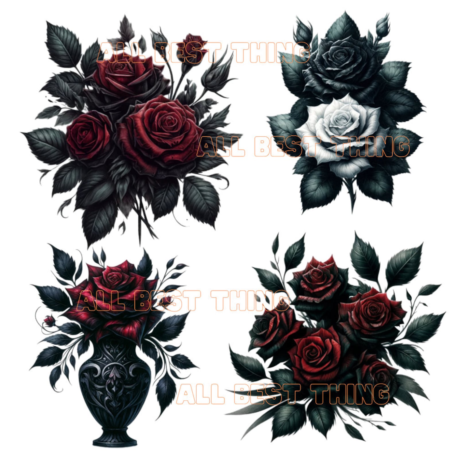 40 Watercolor Gothic Rose PNG Clipart, Dark Gothic Rose Floral Clip Art ...