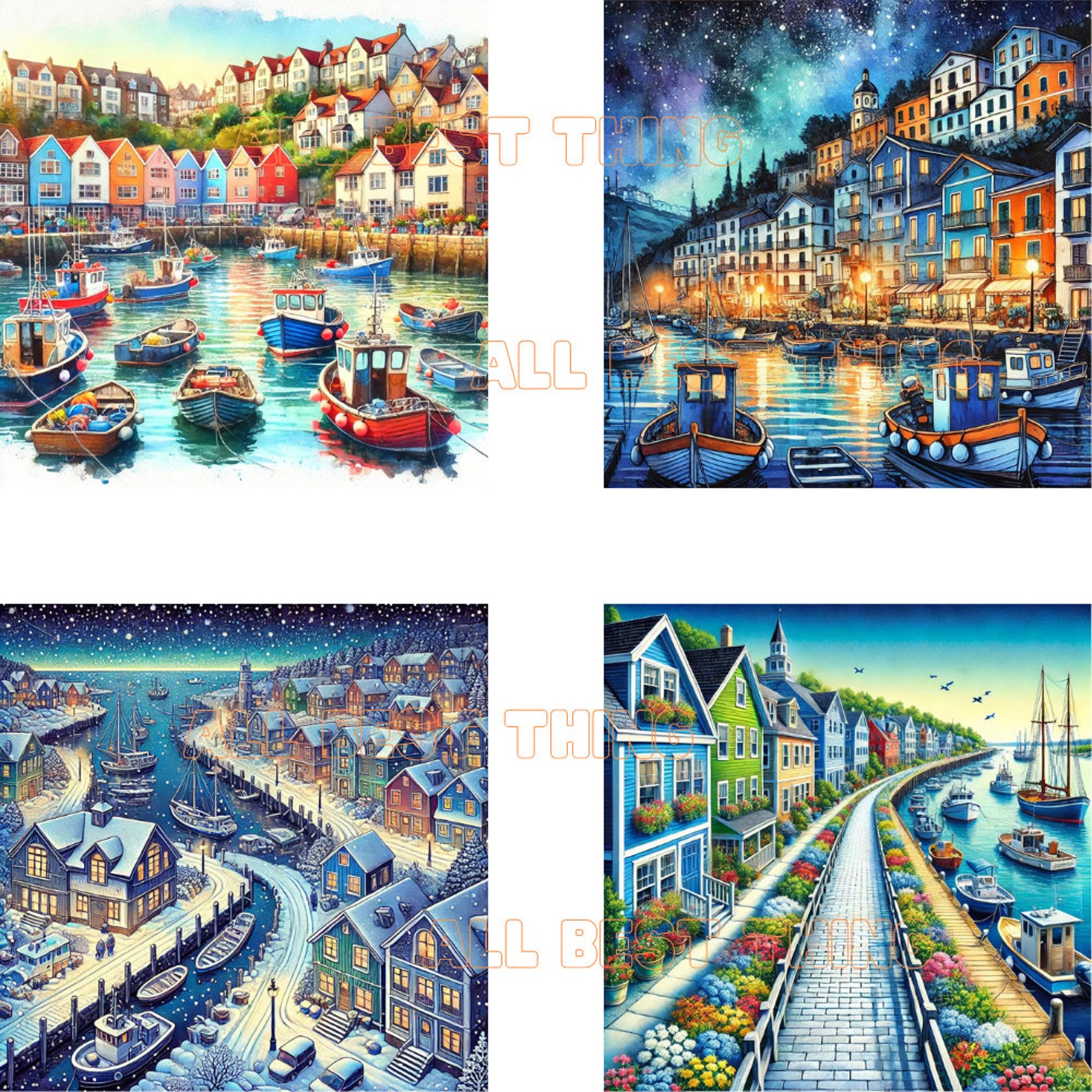 24 Watercolor Harbour Scenes PNG Clipart - Digital Print, Watercolor ...