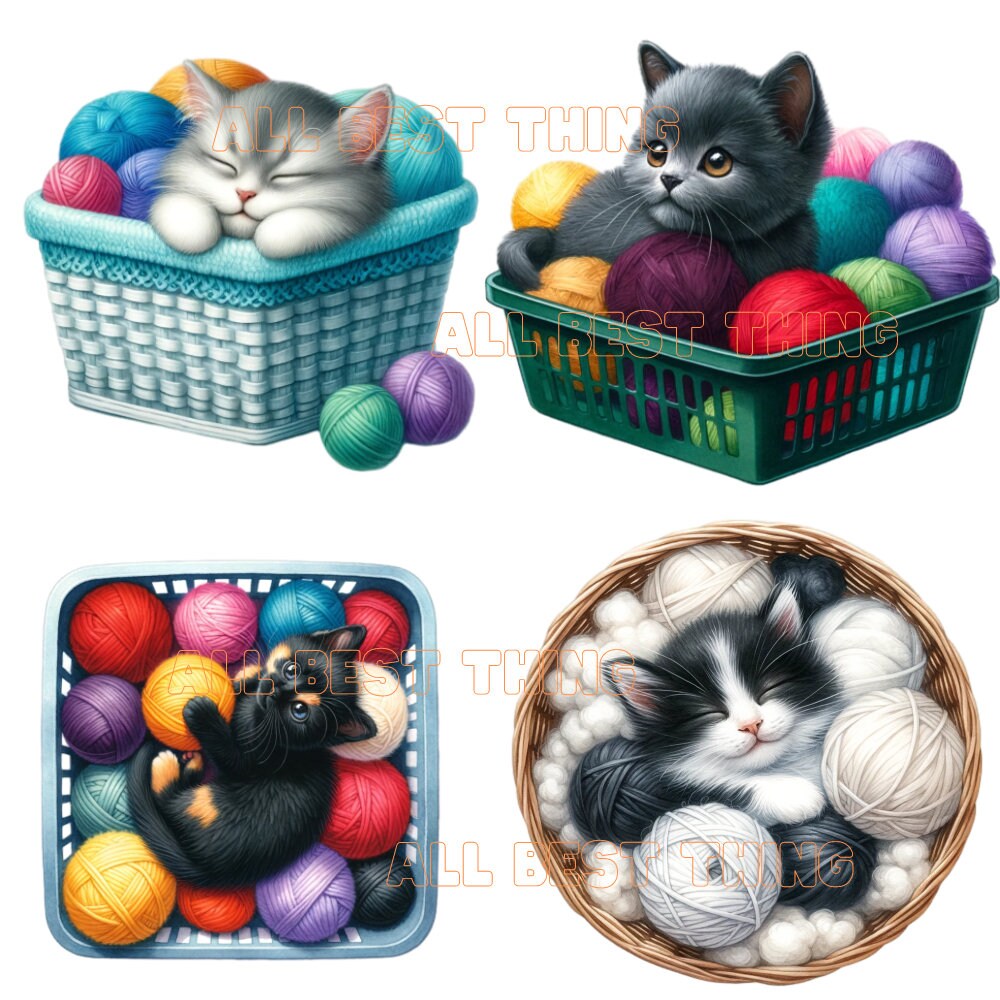 36 Kitty in a Wool Basket Clipart Bundle, Cute Cat Png Graphics ...