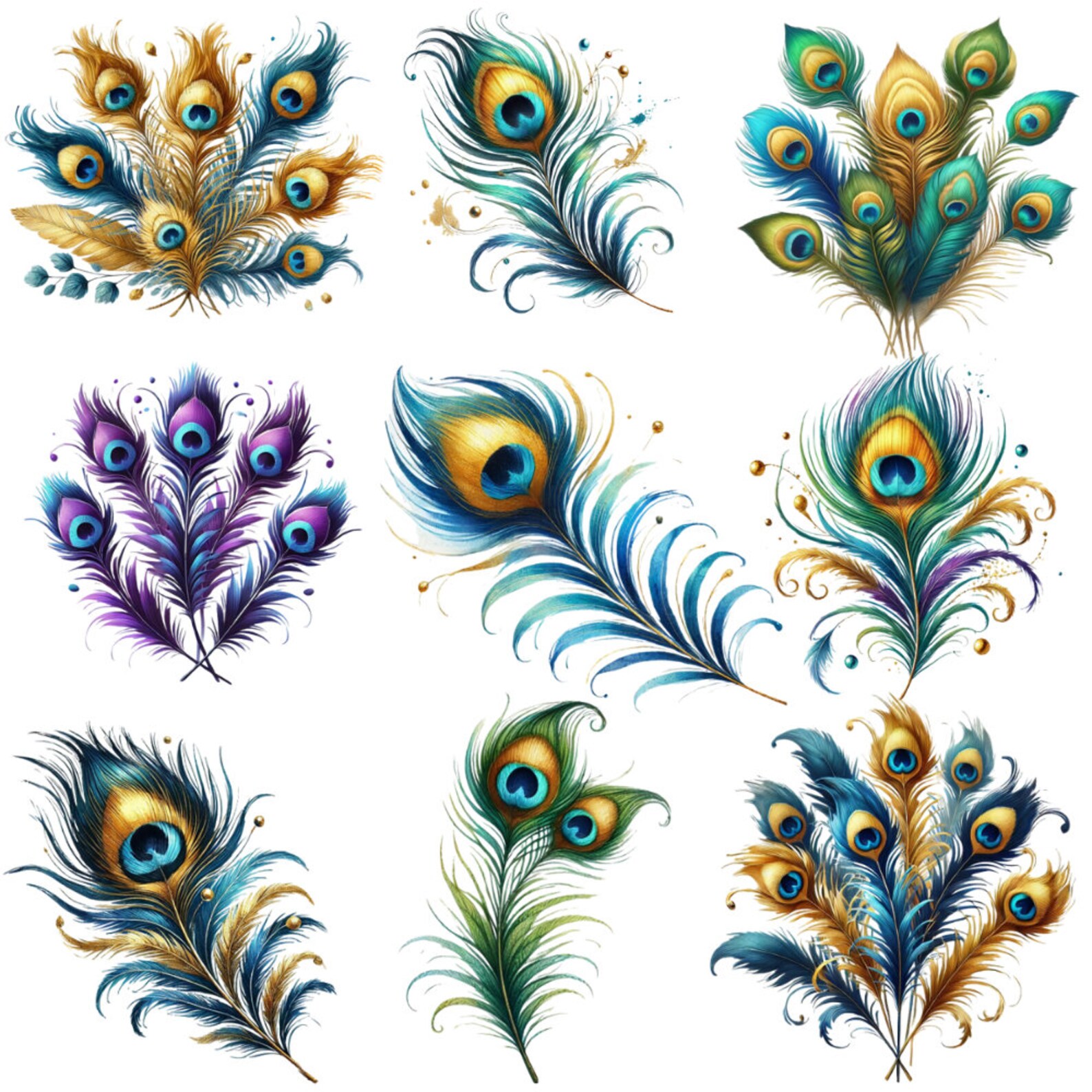 54 Watercolor Peacock Feather Clipart PNG Bundle, Digital Download ...