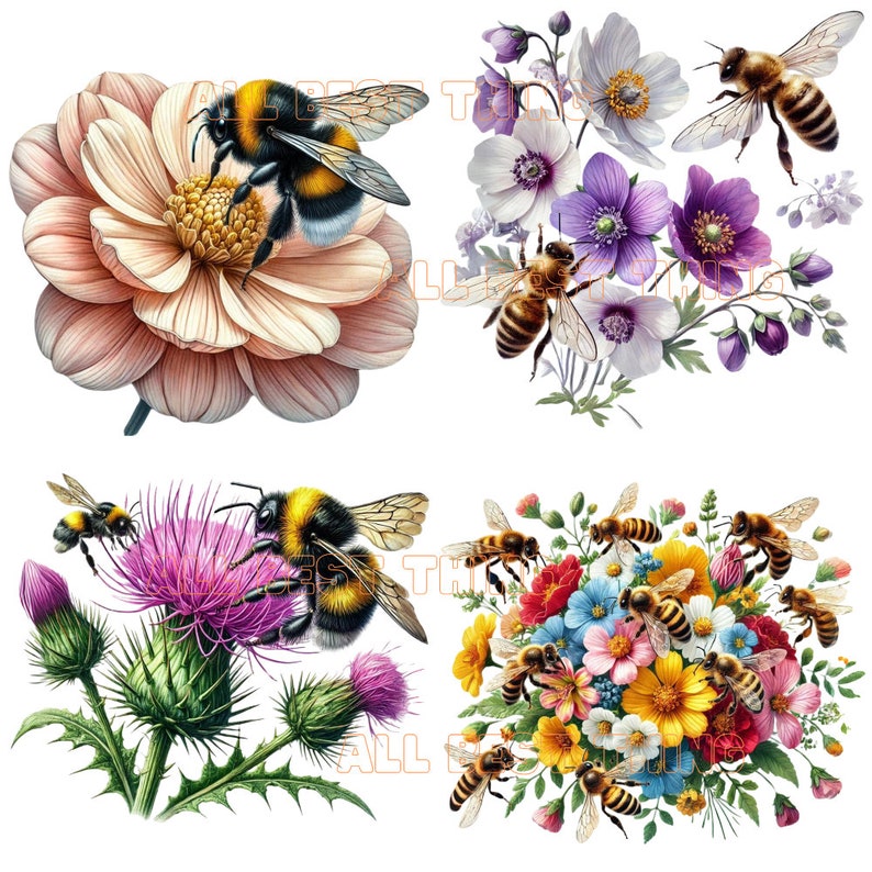32 Bee PNG Clipart, Floral Bees PNG Clipart, Printable Watercolor ...