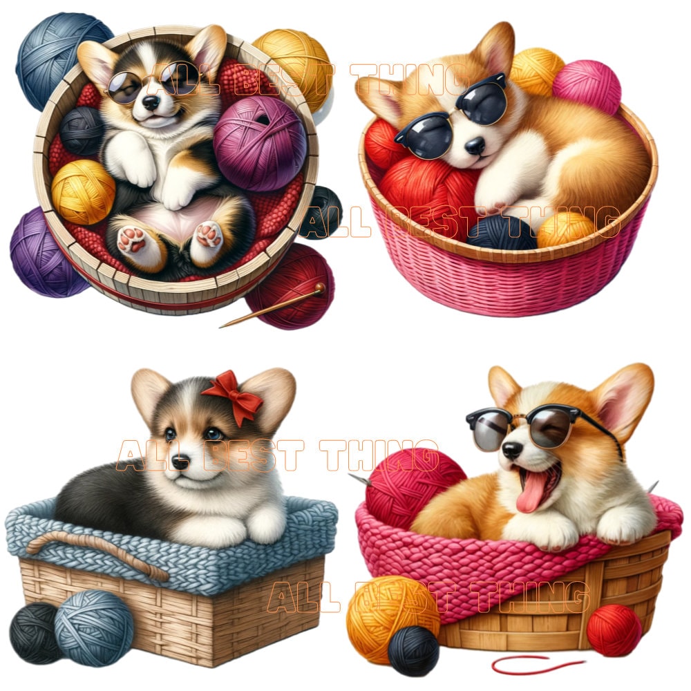 36 Corgi in a Wool Basket Watercolor PNG Clipart Clipart Bundle , Corgi ...