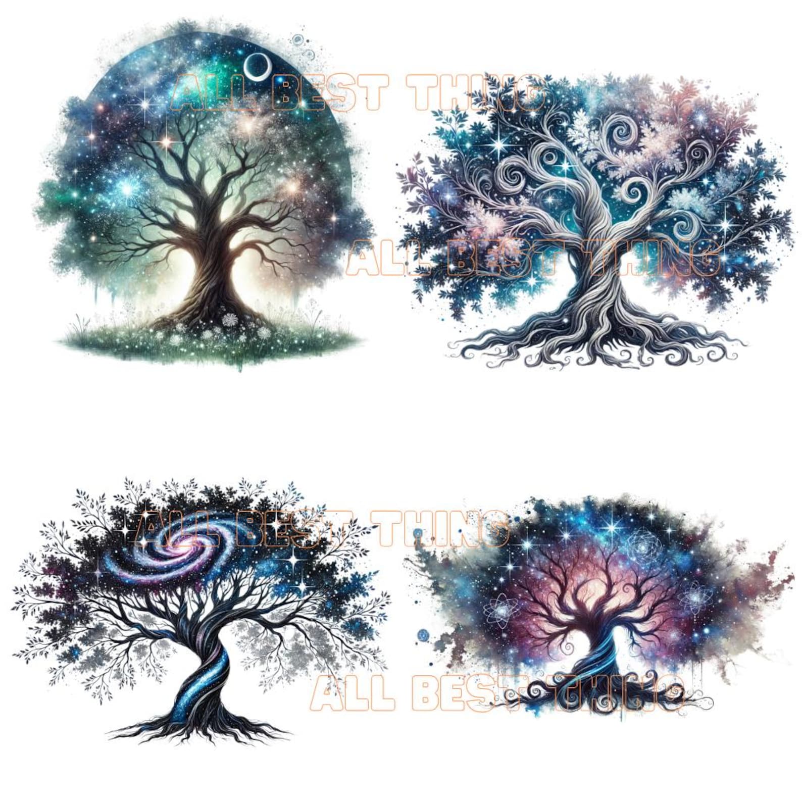 Watercolor Wishing Tree Clipart: Celestial Fantasy Tree PNG (commercial ...