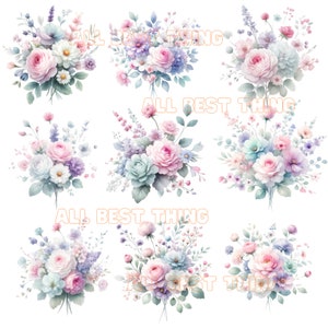 72 Pastel Flowers Bouquets PNG Clipart, Watercolor Floral Clipart ...