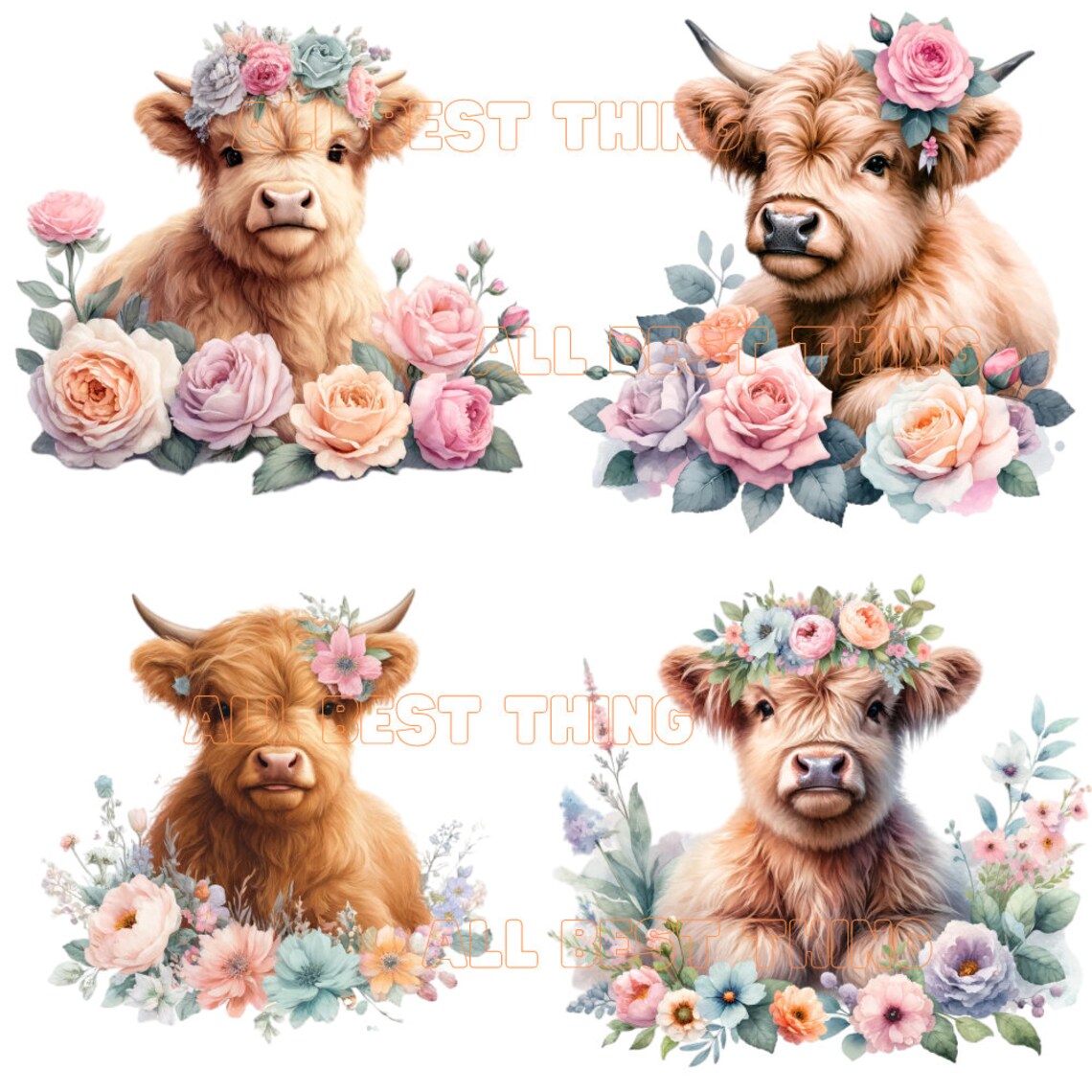 Highland Cow Baby Floral Clipart Png, Nursery Print, Highland Cow Png ...