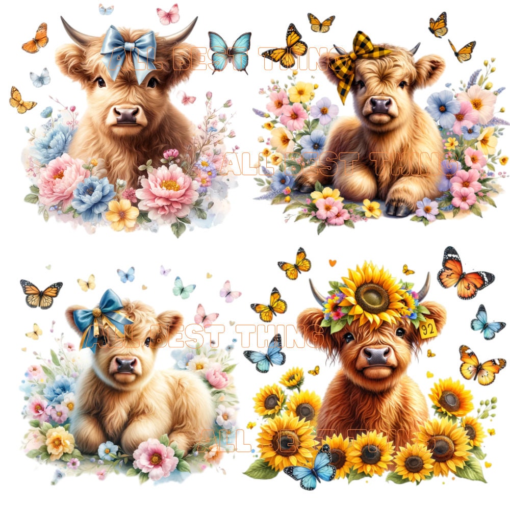 Highland Cow Baby Floral Clipart Png, Nursery Print, Highland Cow Png ...