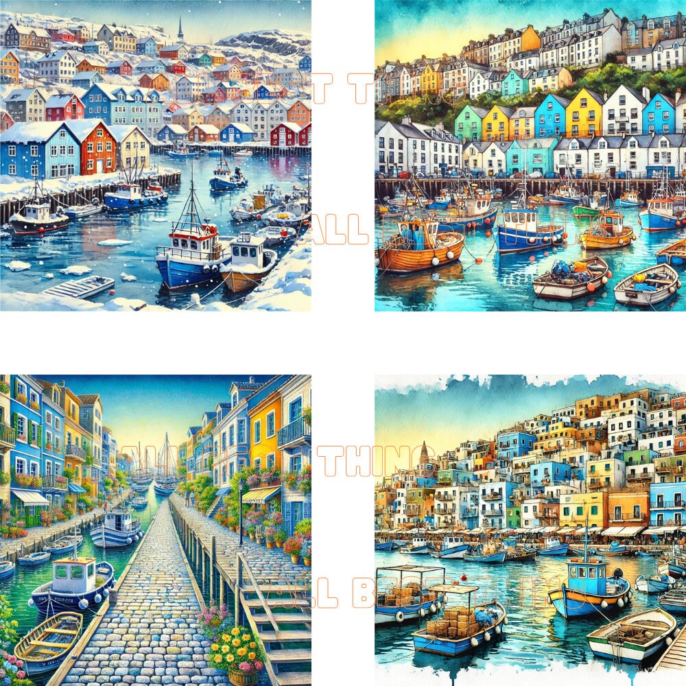 24 Watercolor Harbour Scenes PNG Clipart - Digital Print, Watercolor ...