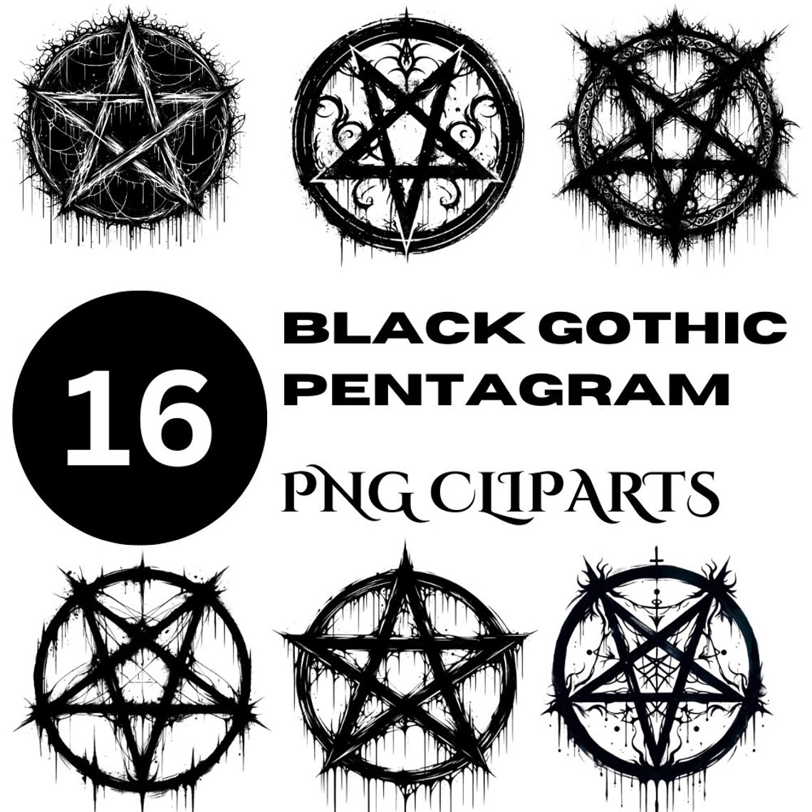16 Watercolor Gothic Pentagram PNG Clipart, Black Pentagram Bundle ...