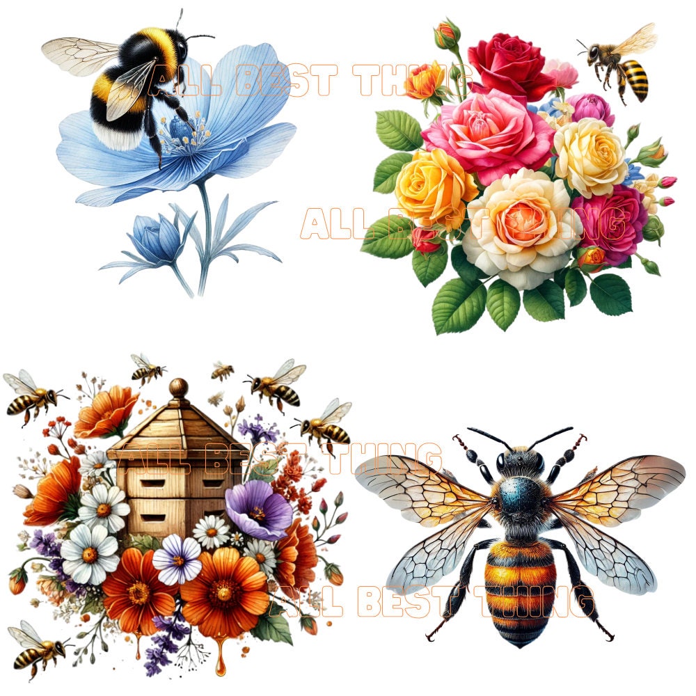 32 Bee PNG Clipart, Floral Bees PNG Clipart, Printable Watercolor ...