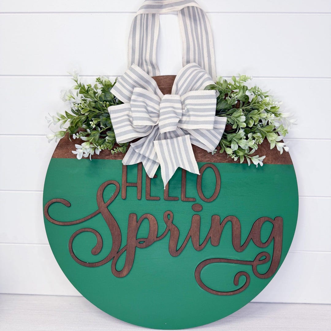 Hello Spring Wooden Door Sign | Farmhouse Greenery Wreath - Etsy