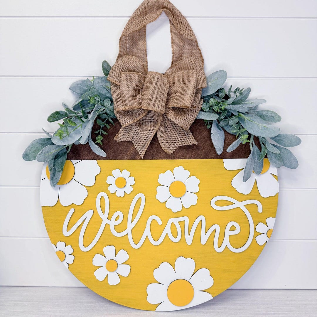 Yellow Daisy Welcome Sign | Farmhouse Spring Door Hanger, Burlap Bow ...