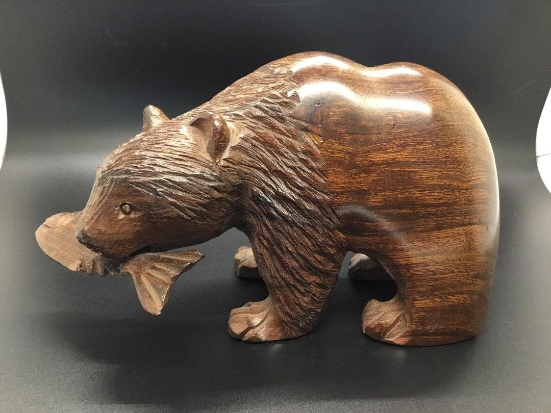 Hand Carved Ironwood Grizzly Bear With Fish – 7” Vintage Animal ...