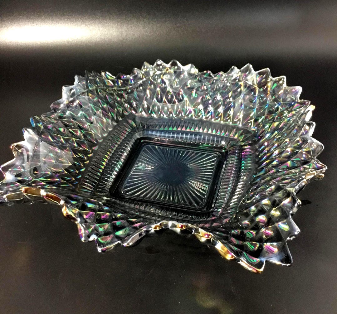 Vintage Iridescent Depression Glass Candy Dish – Geometric Sawtooth ...