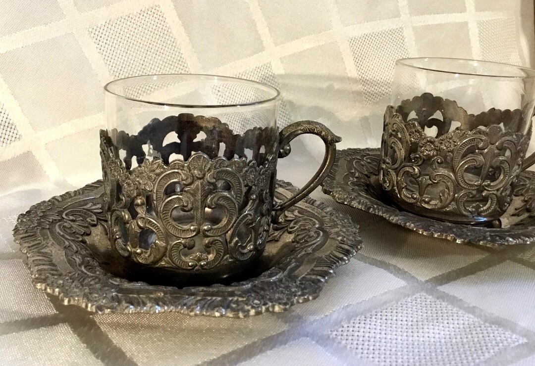 Vintage Raimond Japan Silver Filigree Glass Cup Holders & Saucers Set ...