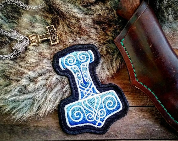 Blue Mjolnir Thor's Hammer Viking Norse Patch Biker Leather Embroidery ...
