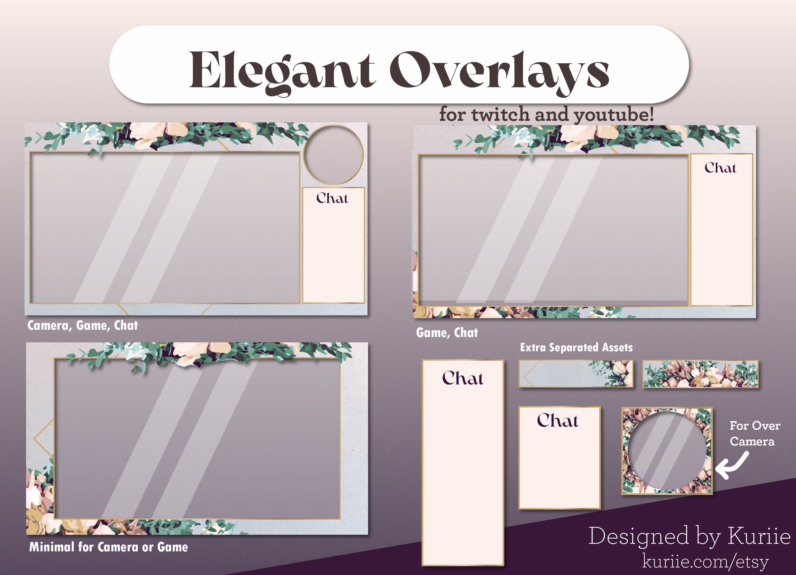 Elegant Floral Stream Overlays (w/ Gold Accents) - INSTANT DOWNLOAD ...
