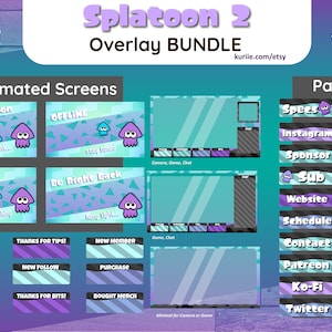 Splatoon 2 Stream Overlay Package | Animated Screens | Overlays | Panels | Alerts | Purple Cyan ...
