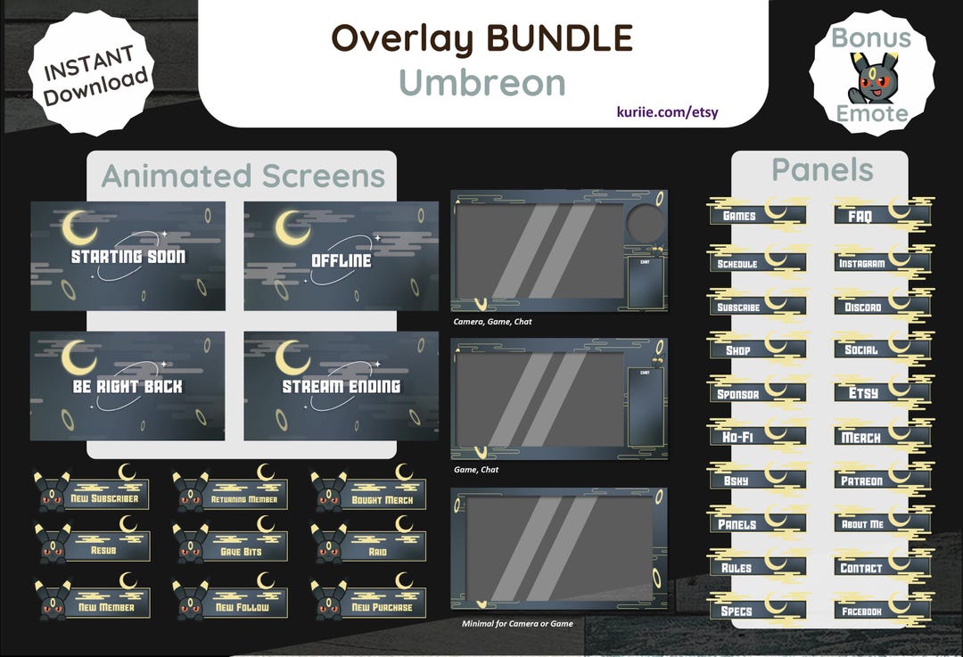 Umbreon Pokémon Inspired Stream Overlay Package | Animated Screens ...