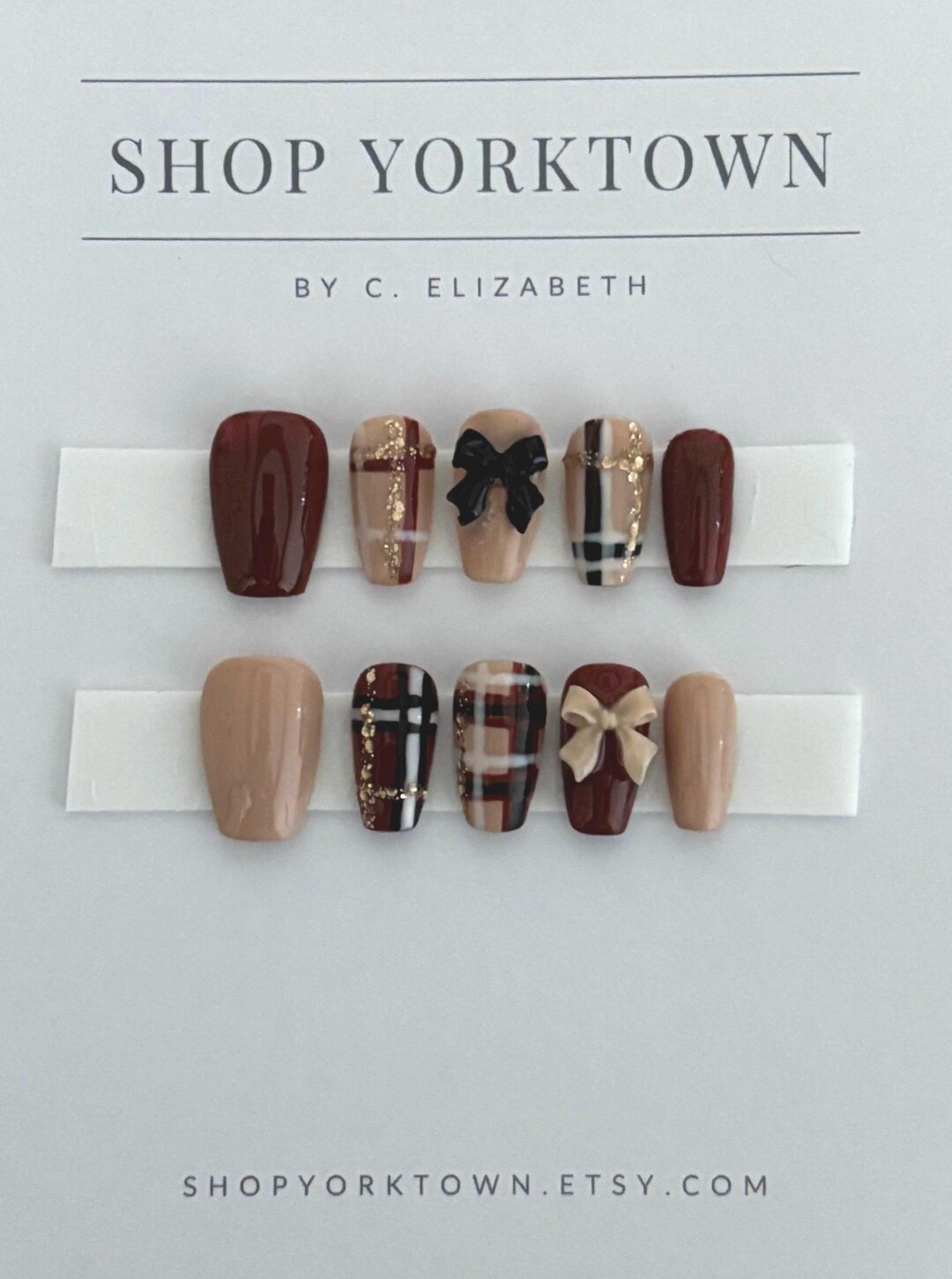 Preppy Plaid Press-on Nails – Hand-painted Luxury Nail Set With Bows ...