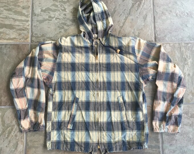 1950s 60s Bleeding Madras Cotton Plaid Windbreaker Hooded Jacket Small ...