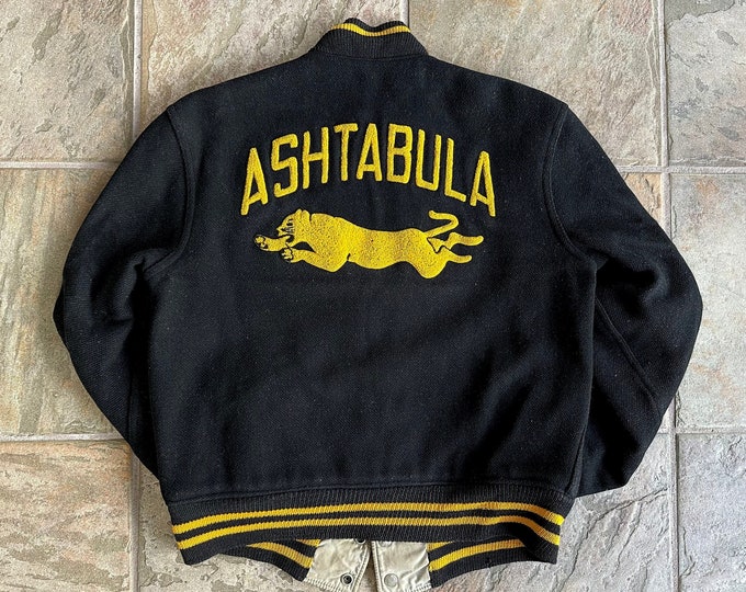 1960s Black & Gold Wool Varsity Jacket | Size 38 | ASHTABULA HIGH ...