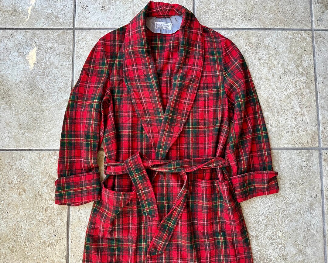 1970s Red Tartan Tweed Wool Belted Robe | Small / Medium | Shawl Collar ...