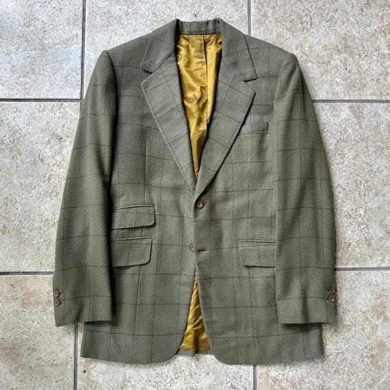 1970s BLADES Olive Green Windowpane Hopsack Tweed Bes… - Gem