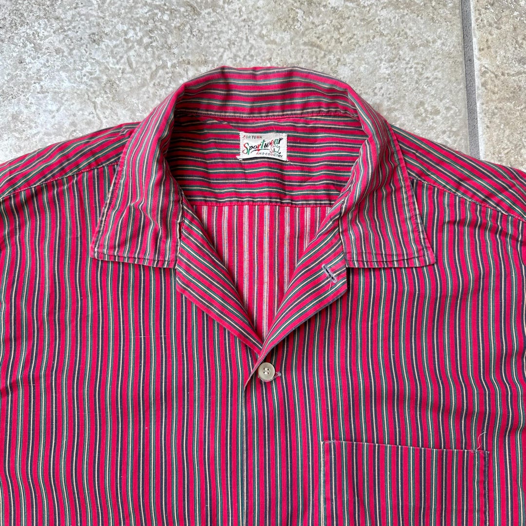 1960s Red Striped Cotton Camp Collar Shirt | Medium | TOWN AND COUNTRY ...